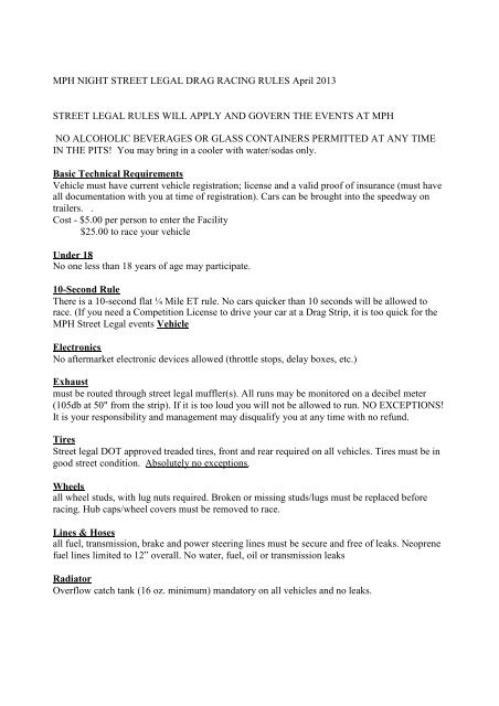 MPH NIGHT STREET LEGAL DRAG RACING RULES April 2013 ...