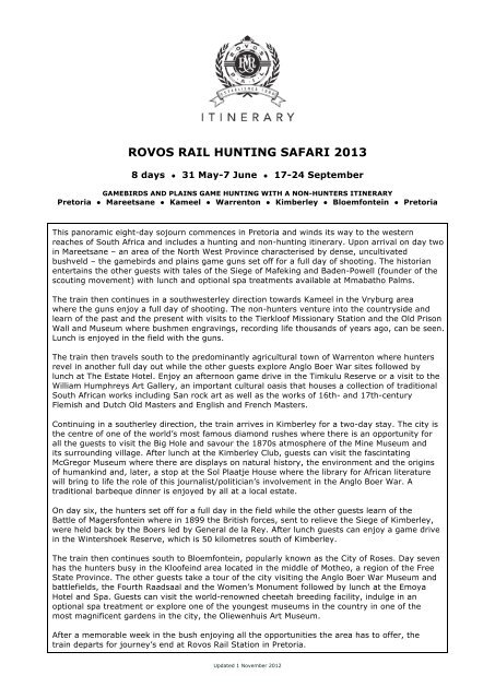 Hunting Safari Itinerary - Rovos Rail