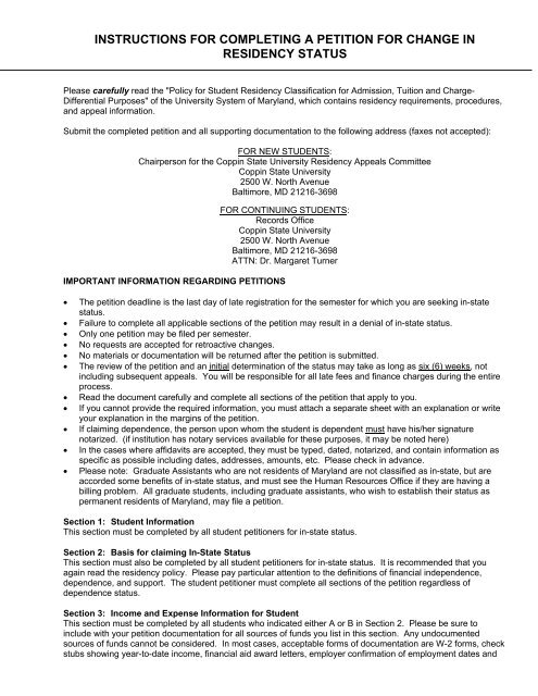 Residency Petition Form - Coppin State University Homepage