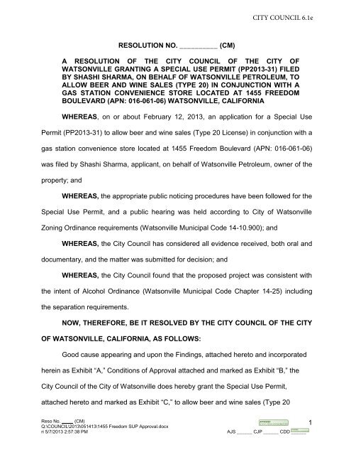 Resolution Granting a Special Use Permit - Watsonville California