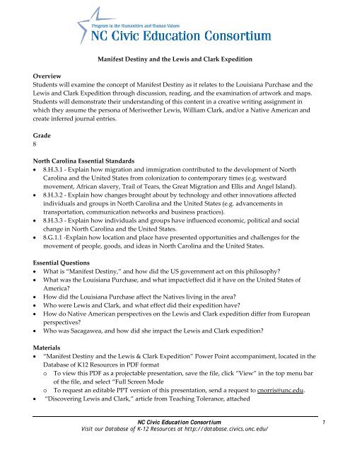 Manifest Destiny and the Lewis and Clark Expedition Overview ...