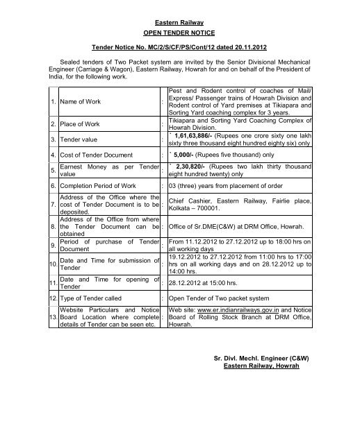 Eastern Railway OPEN TENDER NOTICE Tender Notice No. MC/2 ...