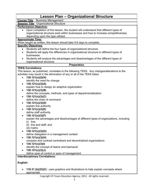 Lesson Plan â Organizational Structure - Career and Technical ...