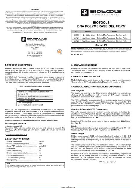 BIOTOOLS DNA POLYMERASE GEL FORM