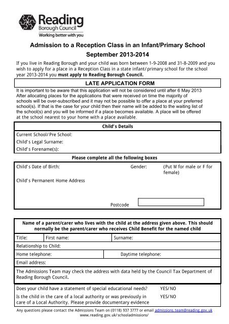 Late application form - Reading Borough Council