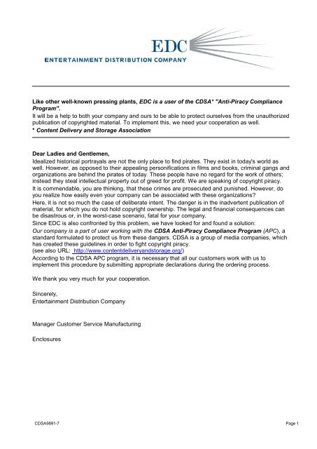 CDSA Content Delivery and Storage Association ... - EDC GmbH