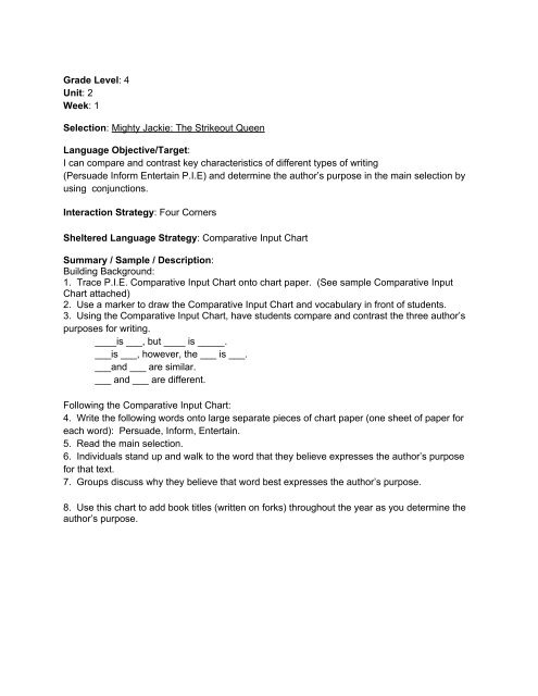 Grade Level: 4 Unit: 2 Week: 1 Selection: Mighty Jackie: The ...