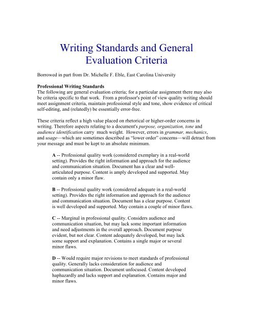 Grading Criteria and Standards for Written Work - PAWS