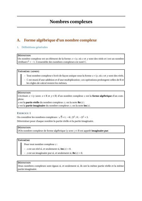 forme algébrique d'un nombre complexe exercice