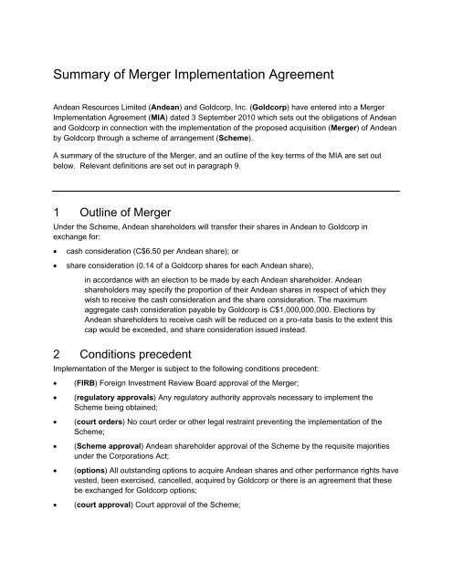 Summary of Merger Implementation Agreement - Goldcorp
