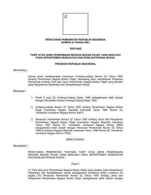 PP Nomor 43 Tahun 2001 Tentang Tarif PNBP Departemen ...