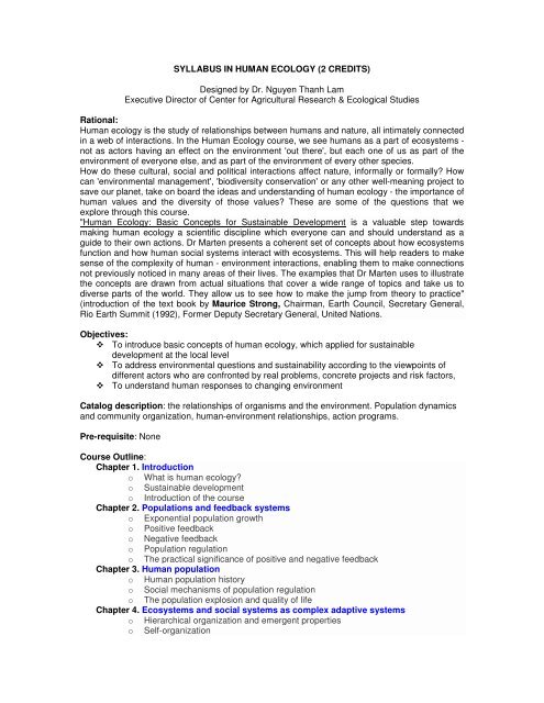 SYLLABUS IN HUMAN ECOLOGY (2 CREDITS) Designed by ... - HUA