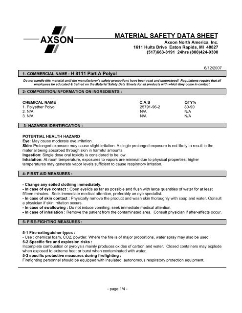 MATERIAL SAFETY DATA SHEET - Axson North America, Inc