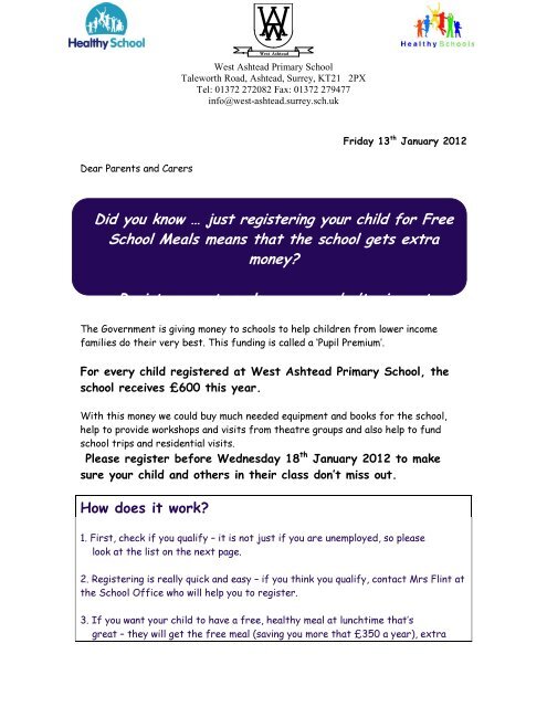 Free school meals Eligibility Letter - West Ashtead Primary