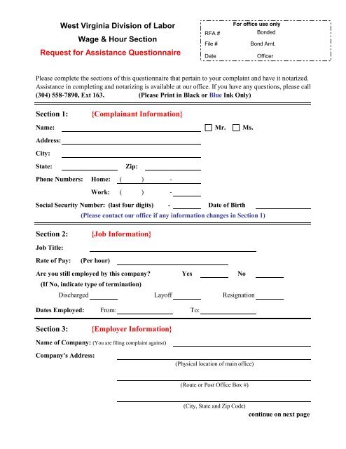 RFA Form - West Virginia Division of Labor