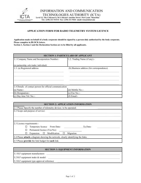 Application form for Radio Telemetry System Licence - ICTA