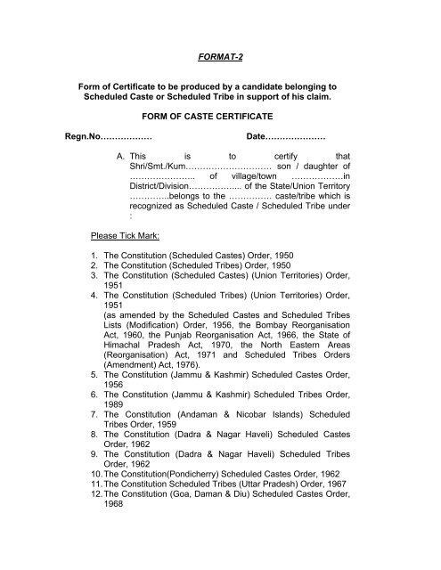 Format for caste and other certificates.