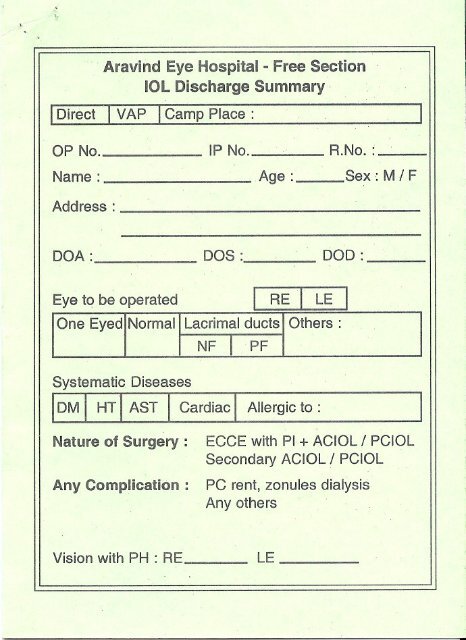 Aravind Eye Hospital- Free Section' IOLDischarge Summary. - LAICO