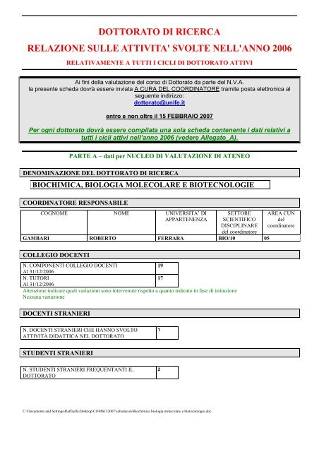 dottorato di ricerca relazione sulle attivita' svolte nell'anno 2006 dottorato di ricerca relazione sulle attivita' svolte nell'anno 2006