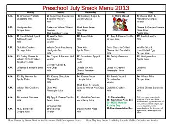 preschool snack menu