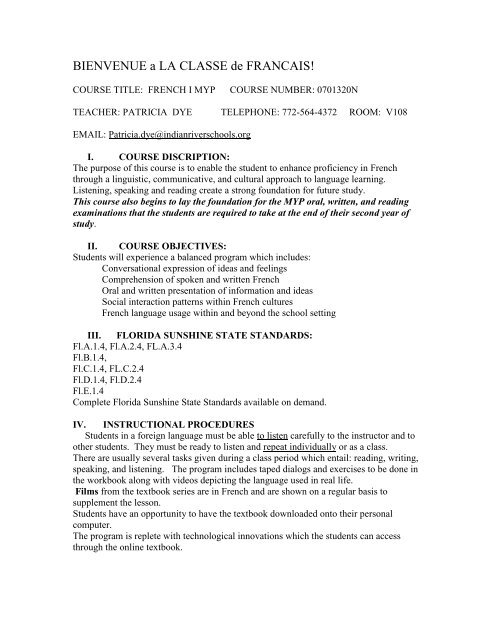 BIENVENUE a LA CLASSE de FRANCAIS! - District Home