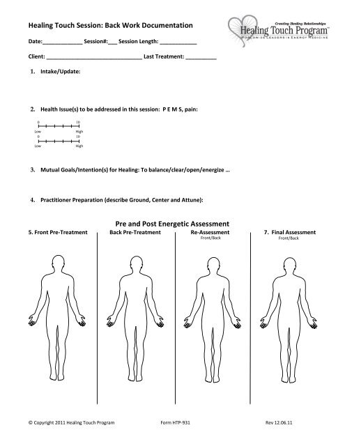 Healing Touch Session Documentation - Healing Touch Program