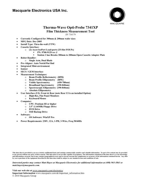 Macquarie Electronics USA Inc. Therma-Wave Opti-Probe 7341XP