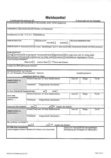 Meldezettel - in der Gemeinde Tux