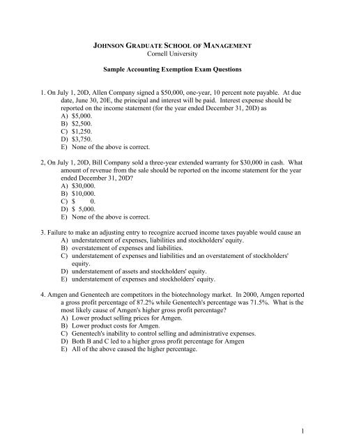 1 Cornell University Sample Accounting Exemption Exam Questions ... 1 Cornell University Sample Accounting Exemption Exam Questions ...