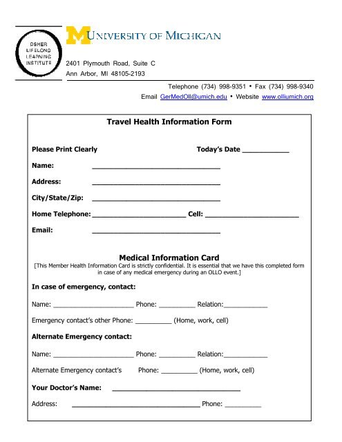 Travel Health Information Form Medical Information Card