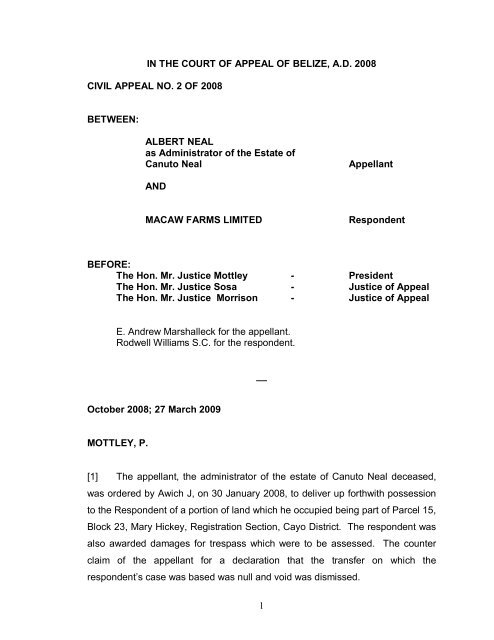 Civil Appeal No. 2 of 2008 - Albert Neal et al and ... - Belize Law