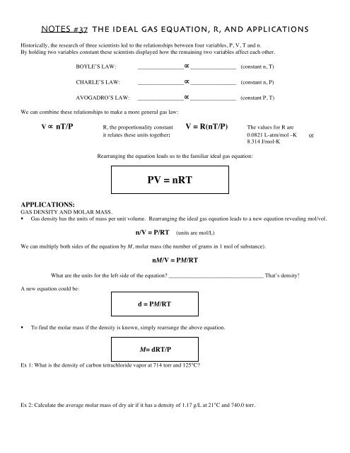 Notes #37 The Ideal Gas Equation