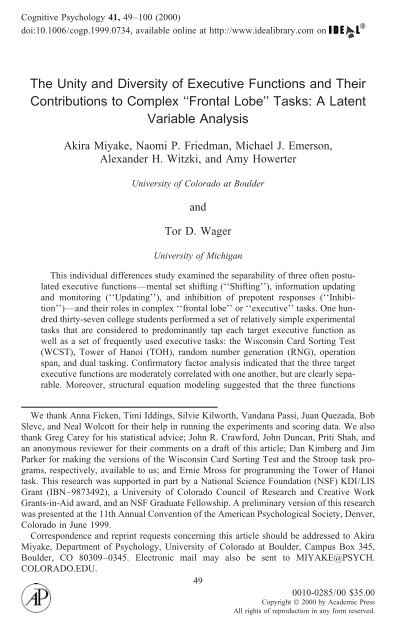 The Unity and Diversity of Executive Functions and Their ...