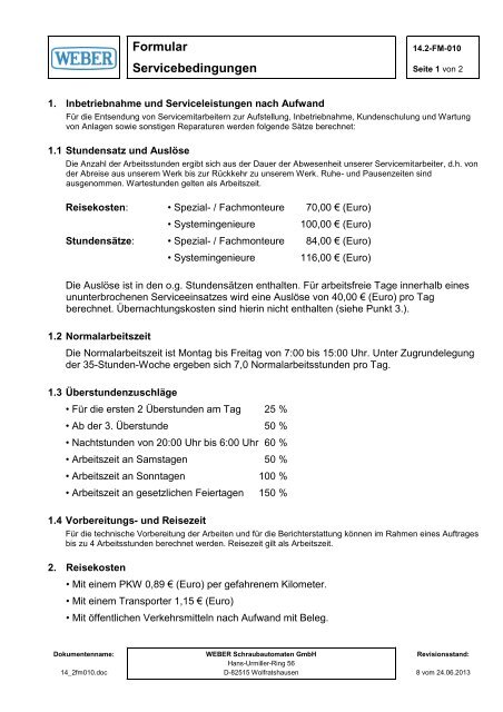 Formular Servicebedingungen - Weber Schraubautomaten