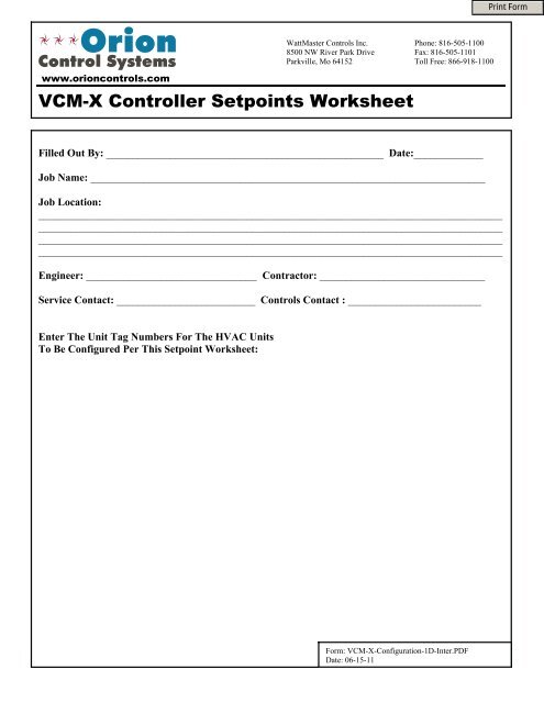 VCM-X Controller Setpoints Worksheet - Orion Control Systems