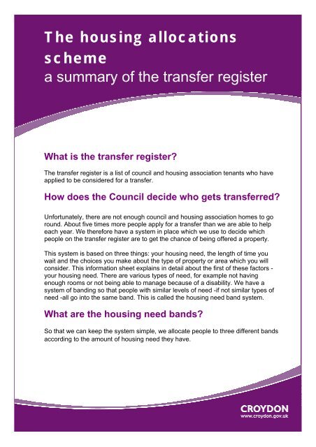 Summary of the housing transfers allocations policy - Croydon Council