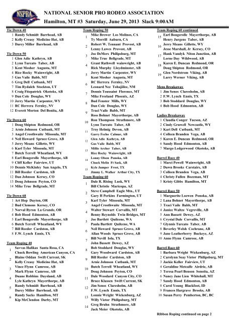 NATIONAL SENIOR PRO RODEO ASSOCIATION Hamilton, MT #3 ...