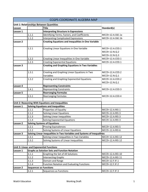 CCGPS COORDINATE ALGEBRA MAP - Walch Education