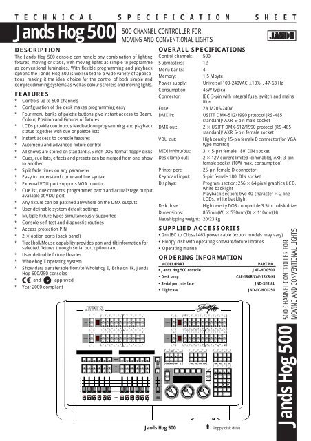Jands Hog 500 Technical Specification Sheet