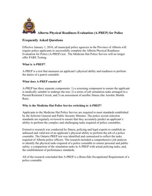 Alberta Physical Readiness Evaluation (A-PREP) for Police ...