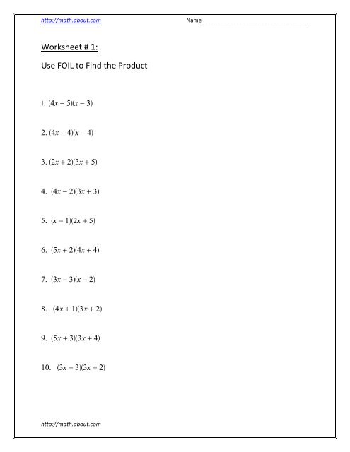 Worksheet # 1: Use FOIL to Find the Product - Math About