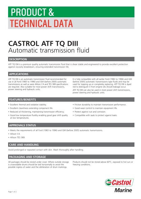 Castrol ATF TQ DIII Product & Technical Data