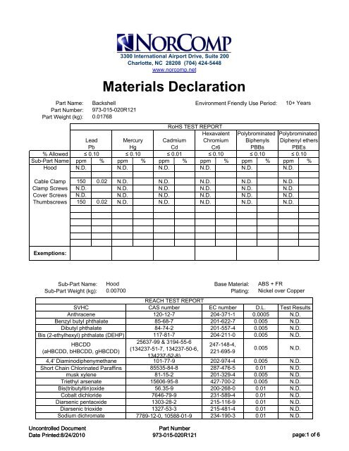973-015-020R121 Material Declaration - NorComp