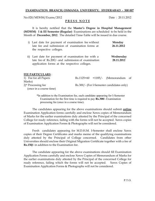 EXAMINATION BRANCH; OSMANIA UNIVERSITY; HYDERABAD ...