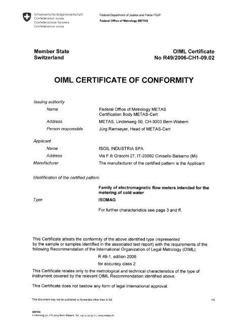 OIML CERTIFICATE OF CONFORMITY - ISOIL INDUSTRIA ::: ISOMAG
