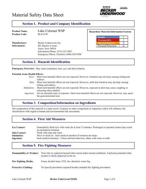 Lake Colorant WSP MSDS - Becker Underwood