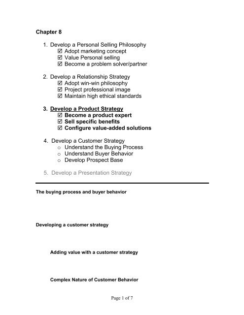 Chapter 8 1. Develop a Personal Selling Philosophy Adopt ...