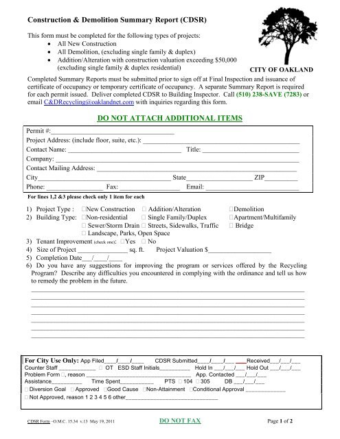 Construction & Demolition Summary Report ... - City of Oakland