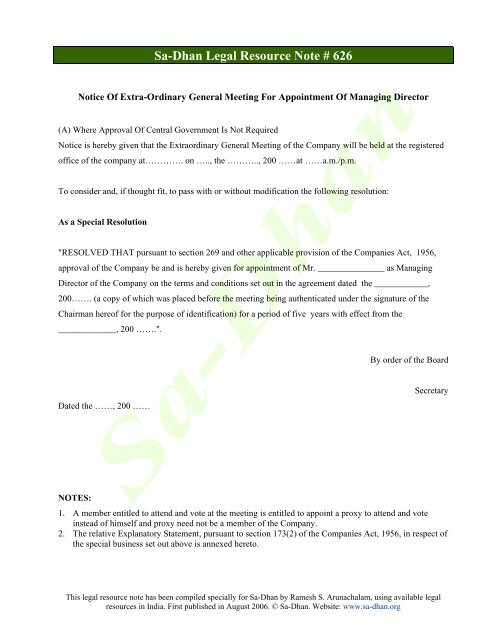 Notice Of Extra-Ordinary General Meeting For ... - Sa-Dhan