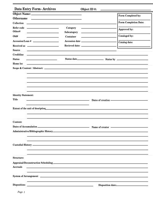 Data Entry Form- Archives - PastPerfect Museum Software